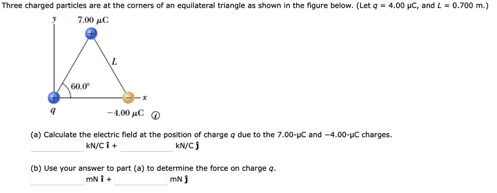 three charged particles are at the corners of an equilateral triangle ...