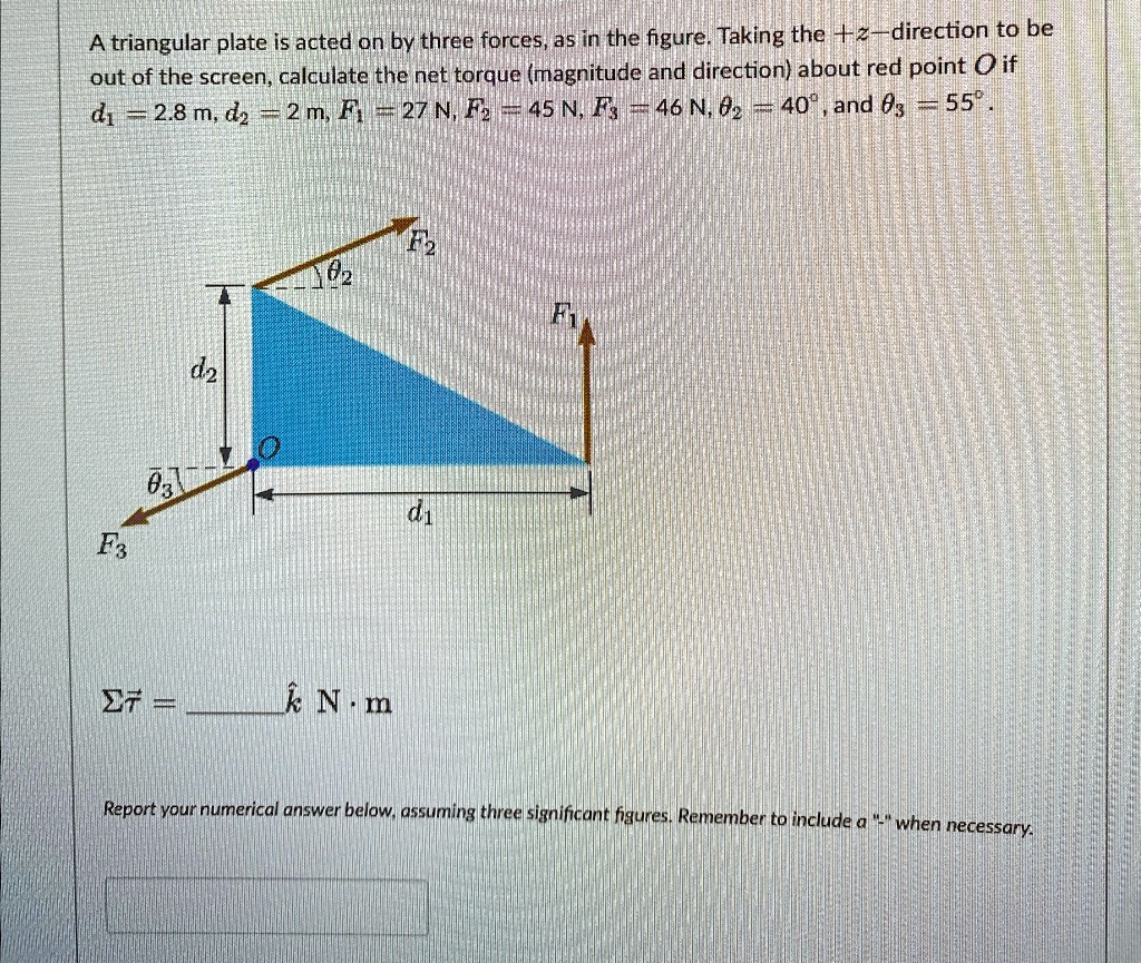 a triangular plate is acted on by three forces as in the figure taking ...