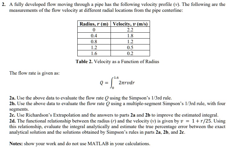 SOLVED: A fully developed flow moving through a pipe has the following ...