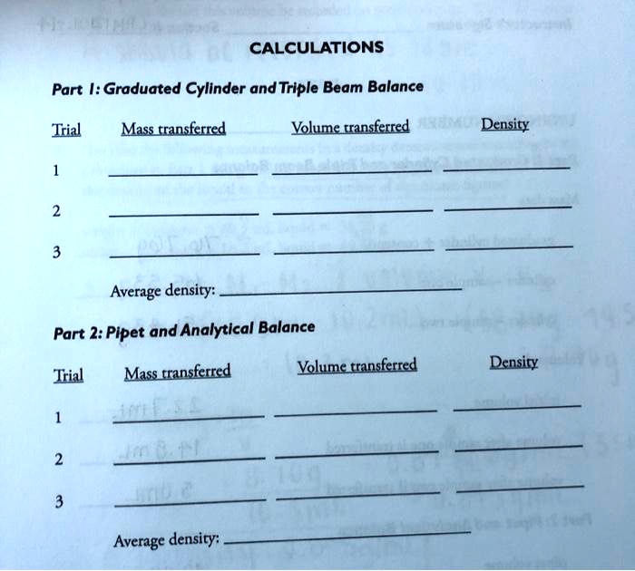 calculations part i graduated cylinder and triple beam balance tial ...