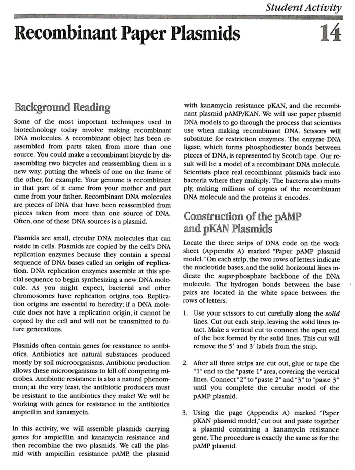 SOLVED: Student Activity 14 Recombinant Plasmids Background Reading ...