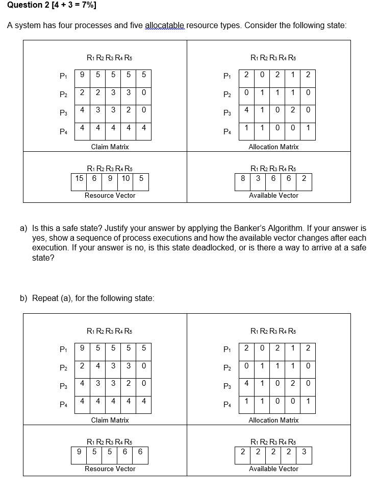 Text: Question 2[4+3 =7%] A system has four processes and five ...