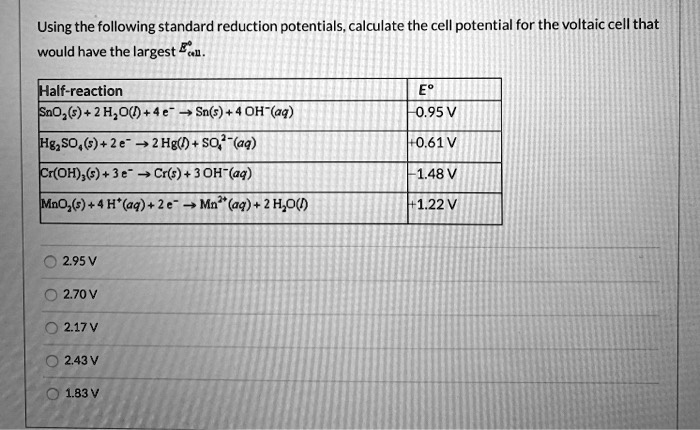 Solved Using The Following Standard Reduction Potentials Calculate