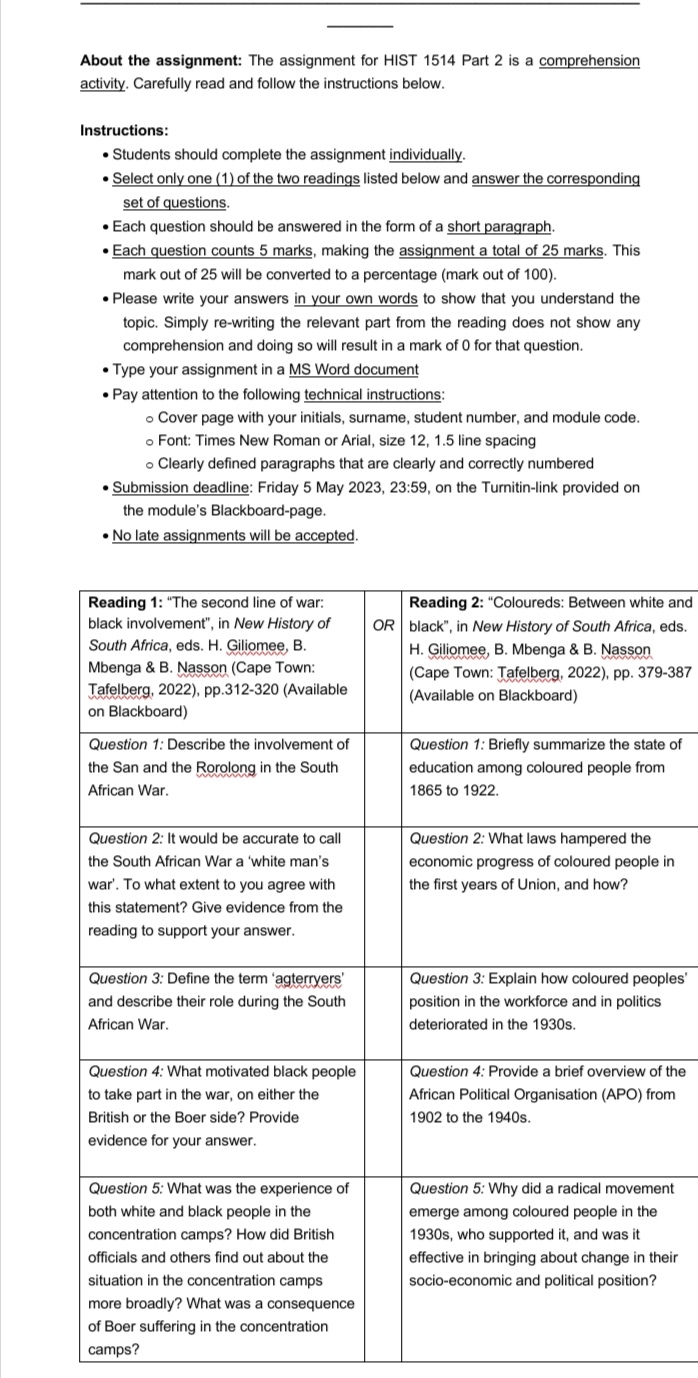 About the assignment: The assignment for HIST 1514 Part 2 is a ...