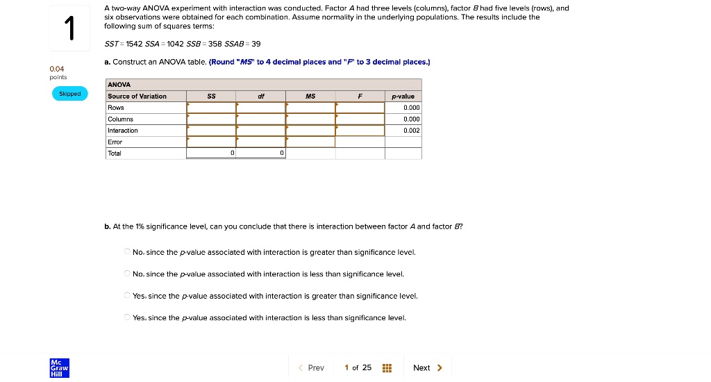 SOLVED: A two-way ANOVA experiment with interaction was conducted ...