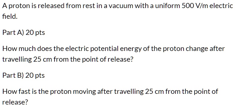 SOLVED: A proton is released from rest in avacuum with a uniform 500 VIm electric field:. Part A ...