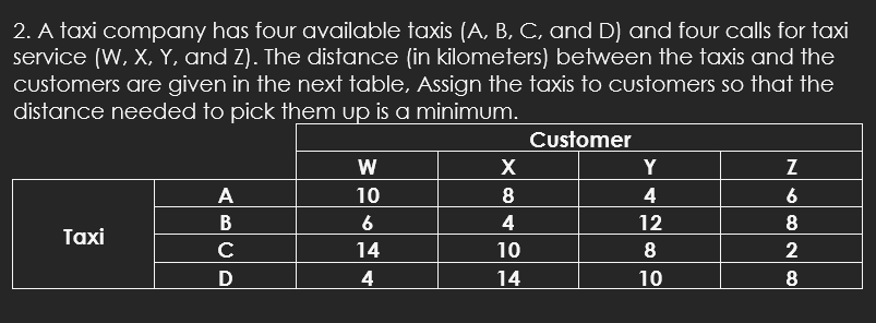 2. A taxi company has four available taxis (A, B, C, and D) and four ...