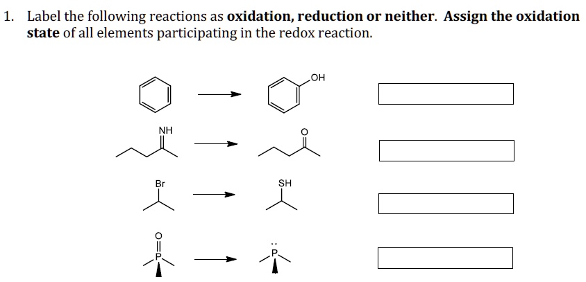 SOLVED: Label the following reactions as oxidation, reduction or ...
