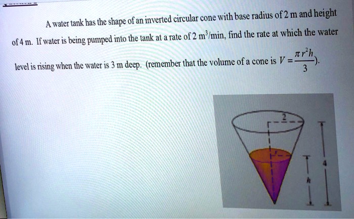 of inverted circular cone with base radius of 2 m and height a water ...