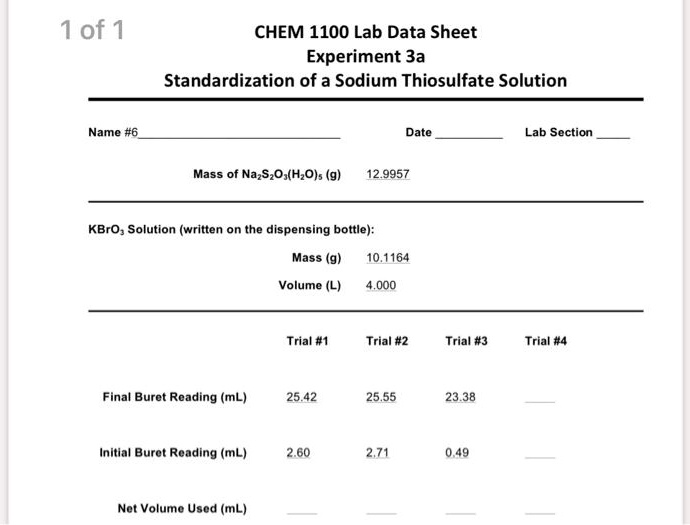 SOLVED: 1 of 1 CHEM 1100 Lab Data Sheet Experiment 3a Standardization ...