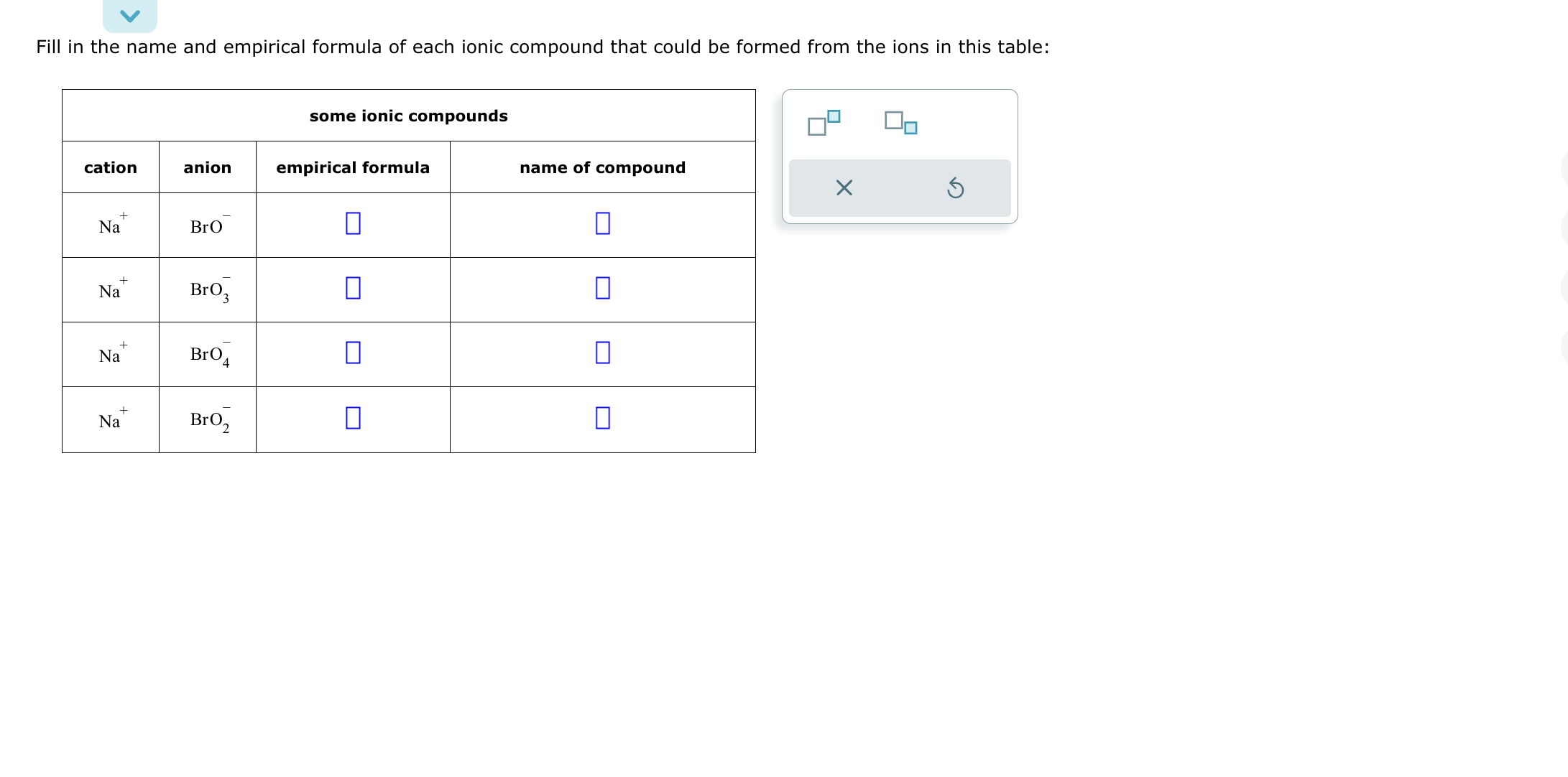 Fill in the name and empirical formula of each ionic compound that ...