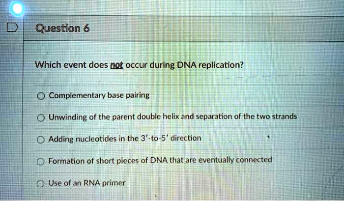SOLVED: D Question 6 Which event does pot occur during DNA replication? Complementary base ...