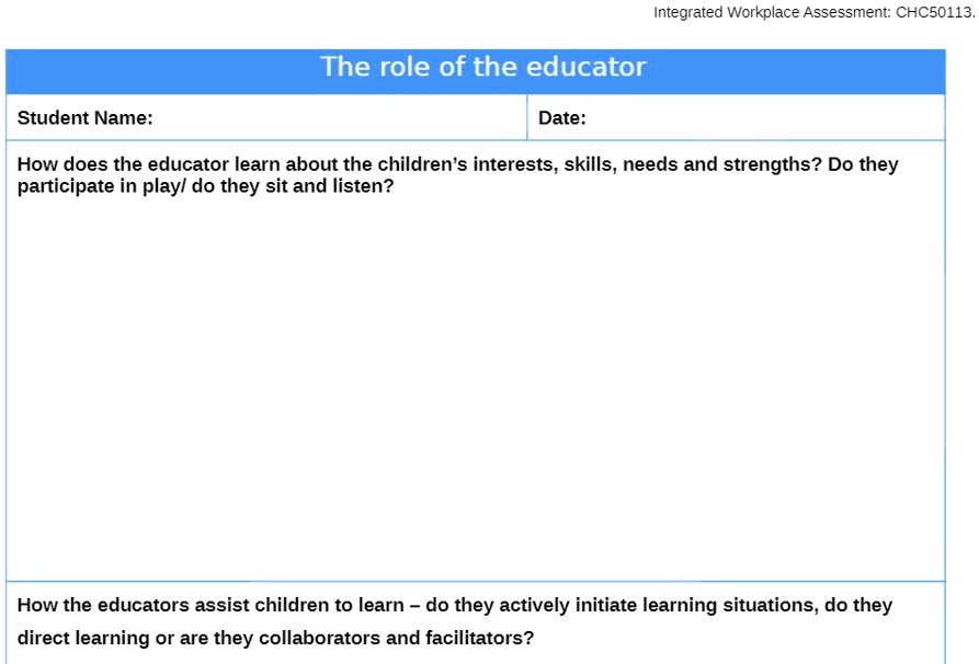 SOLVED: Integrated Workplace Assessment: CHC50113 The Role of the ...