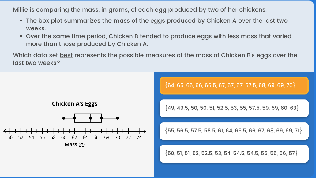 Millie is comparing the mass, in grams, of each egg produced by two of ...