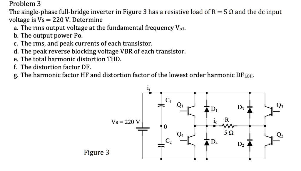 SOLVED: Problem 3: The single-phase full-bridge inverter in Figure 3 has a resistive load of R ...