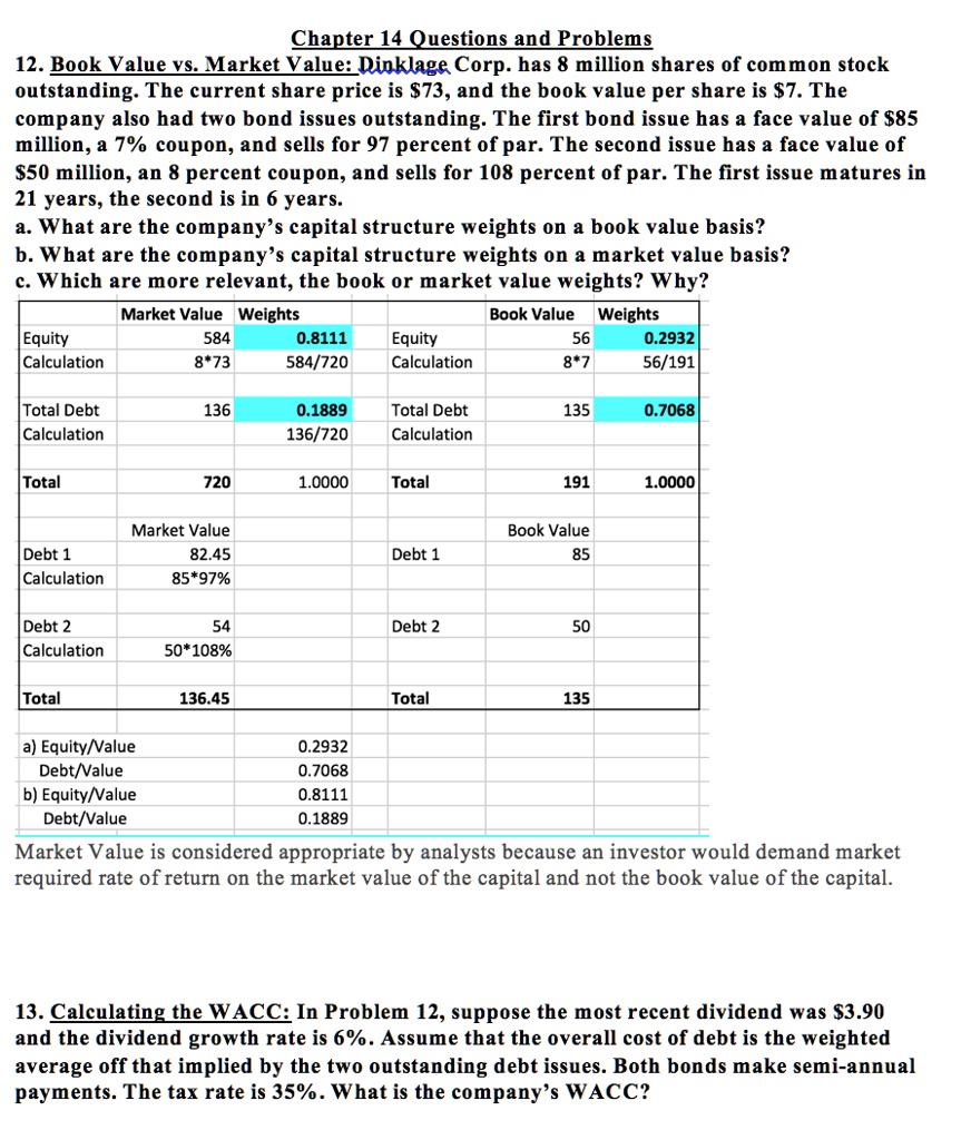 SOLVED: Chapter 14 Questions and Problems 12. Book Value vs. Market ...