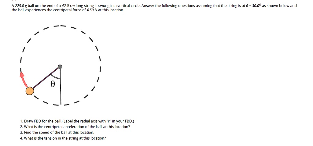 SOLVED: 225.0-g ball on the end of a 42.0-cm long string swung in a vertical circle. Answer the ...