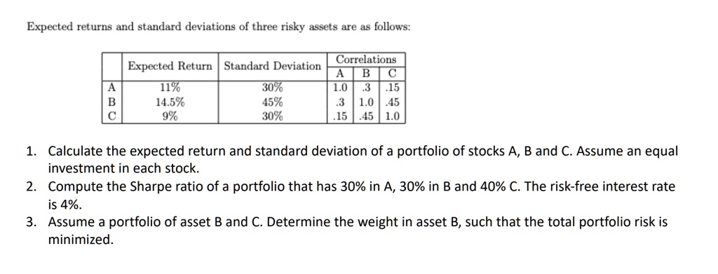 SOLVED: Expected returns and standard deviations of three risky assets are as follows: Calculate ...