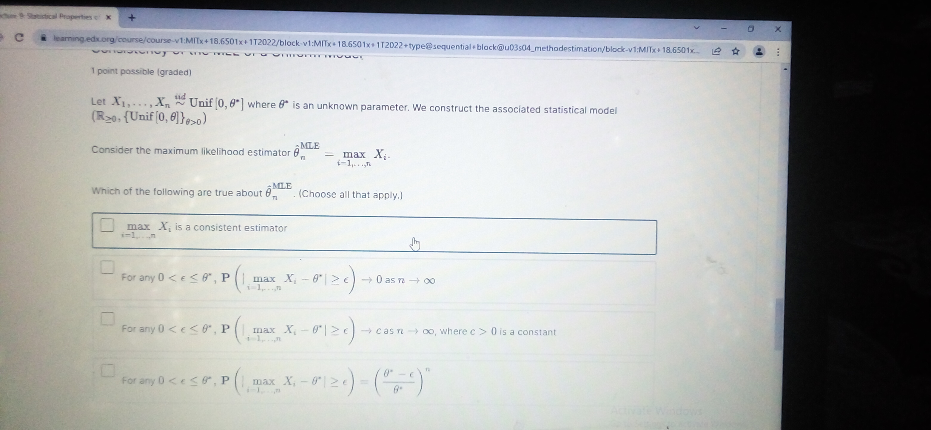 SOLVED: 1 point possible (graded) Let X1, …, Xn iid ∼ Unif [0, θ ...