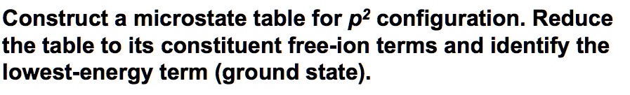 Construct a microstate table for p^2 configuration. Reduce the table to its constituent free-ion ...