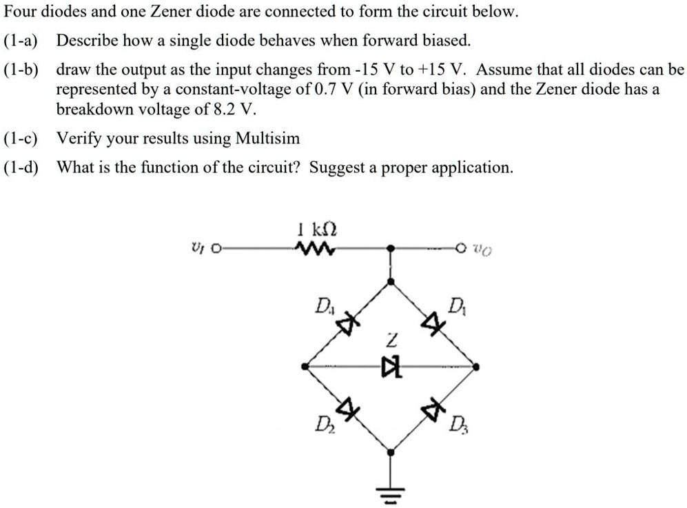 Four diodes and one Zener diode are connected to form the circuit below ...