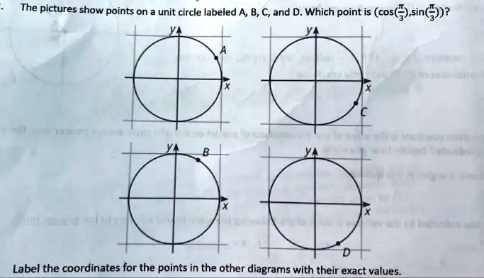 The pictures show points on a unit circle labeled A, B, C, and D. Which ...