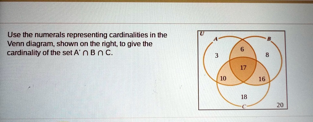 SOLVED: Use the numerals representing cardinalities in the Venn diagram ... SOLVED: Use the numerals representing cardinalities in the Venn diagram ...