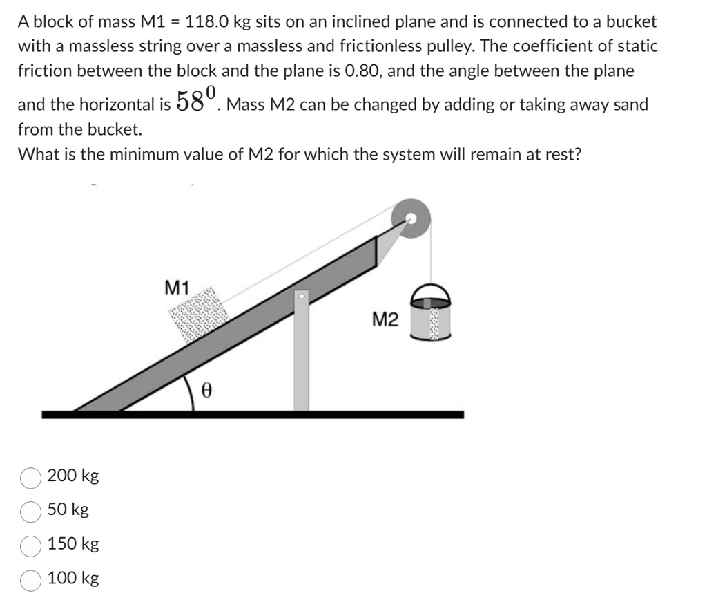 [GET ANSWER] a block of mass m1 1180 kg sits on an inclined plane and is connected to a bucket ...