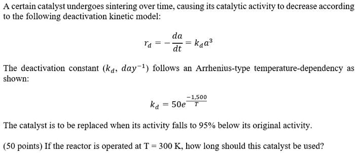 A certain catalyst undergoes sintering over time, causing its catalytic ...