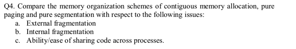 Solved Q4 Compare The Memory Organization Schemes Of Contiguous Memory Allocation Pure Paging