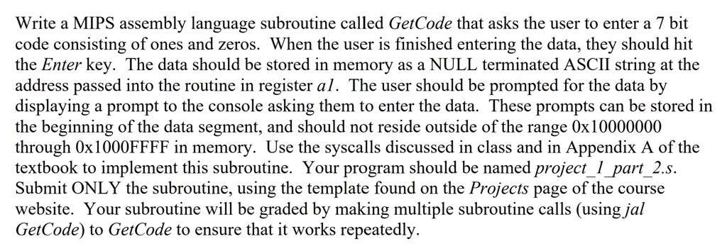 Solved Text Write A Mips Assembly Language Subroutine Called Getcode That Asks The User To