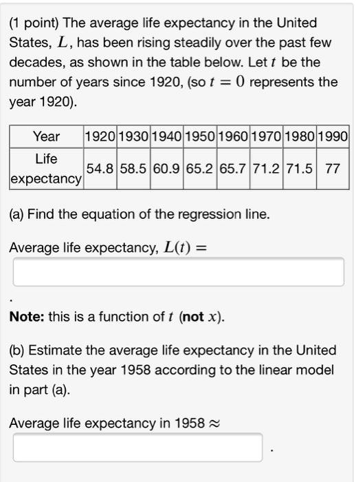 SOLVED: point) The average life expectancy in the United States, L, has ...