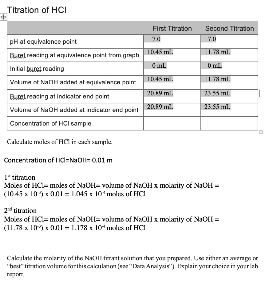SOLVED: Titration of HCl First Titration: 7.0 Second Titration: 7.0 pH at equivalence point 10. ...