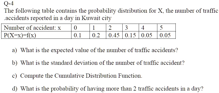 q 4 the following table contains the probability distribution for x the number of traffic ...