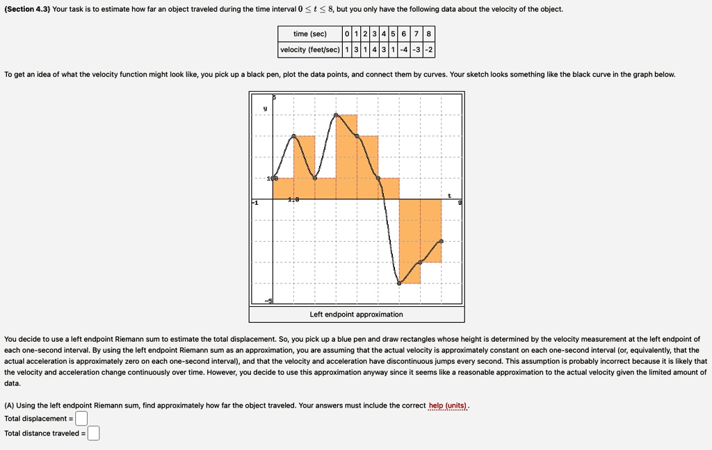 SOLVED: Using the left endpoint Riemann sum, find approximately how far ... SOLVED: Using the left endpoint Riemann sum, find approximately how far ...
