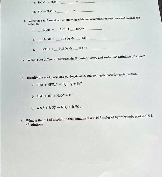 SOLVED: C.HCIO+HO d.NH+HO 4. Write the salt formed in the following acid-basc neutralization ...