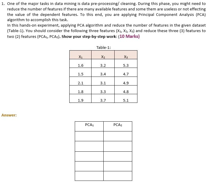 1. One of the major tasks in data mining is data pre-processing/ cleaning. During this phase ...