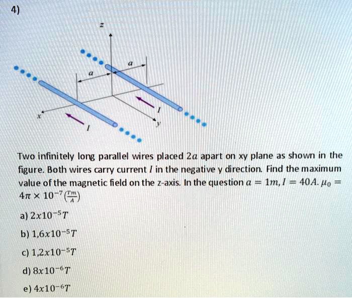 SOLVED: Two infinitely long parallel wires are placed 2a apart on the ...