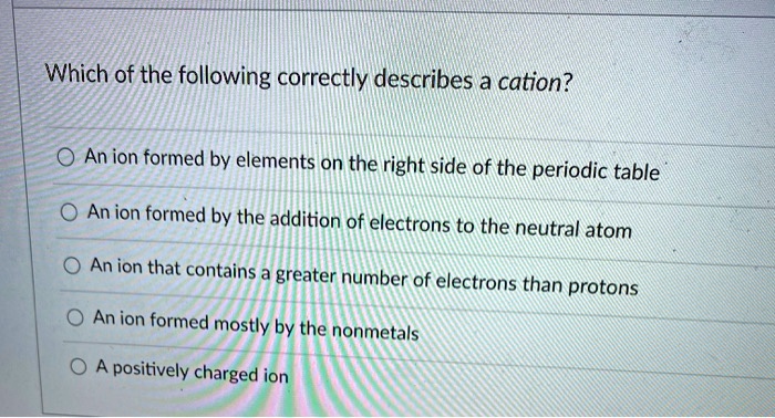 SOLVED: Which of the following correctly describes a cation? An ion ...