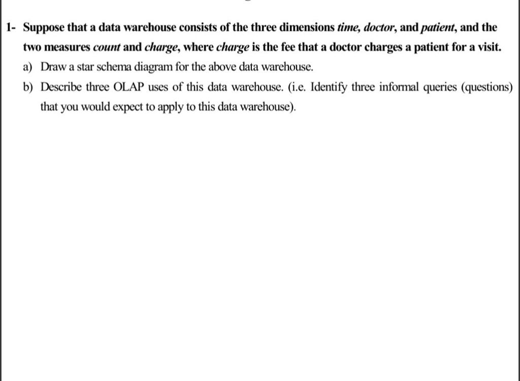 1- Suppose that a data warehouse consists of the three dimensions time, doctor, and patient, and ...