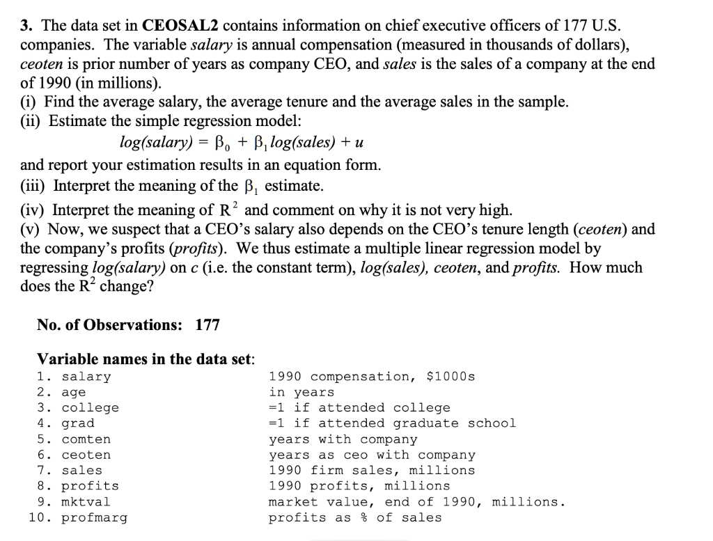 SOLVED: The data set in CEOSAL2 contains information on chief executive officers of 177 U.S ...