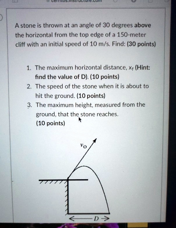 SOLVED: A stone is thrown at an angle of 30 degrees above the ...
