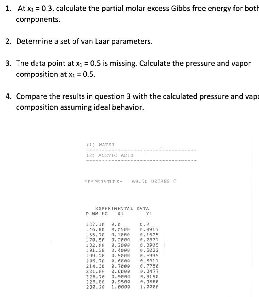 SOLVED: At x1 = 0.3, calculate the partial molar excess Gibbs free energy for both components ...