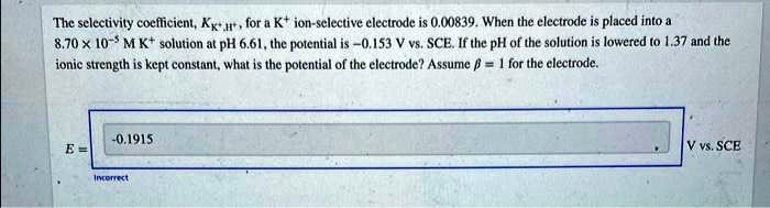 The selectivity coefficient, KK^+, H^+, for a K^+ ion-selective ...