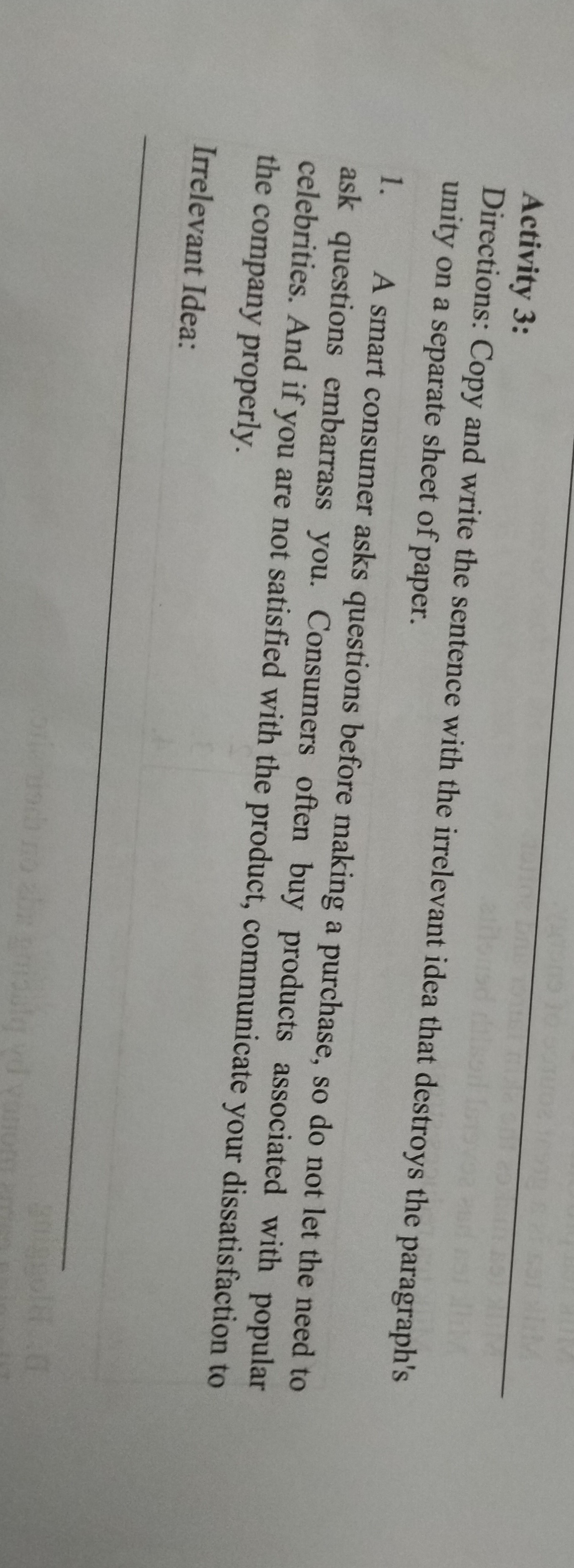 Activity 3: Directions: Copy and write the sentence with the irrelevant ...