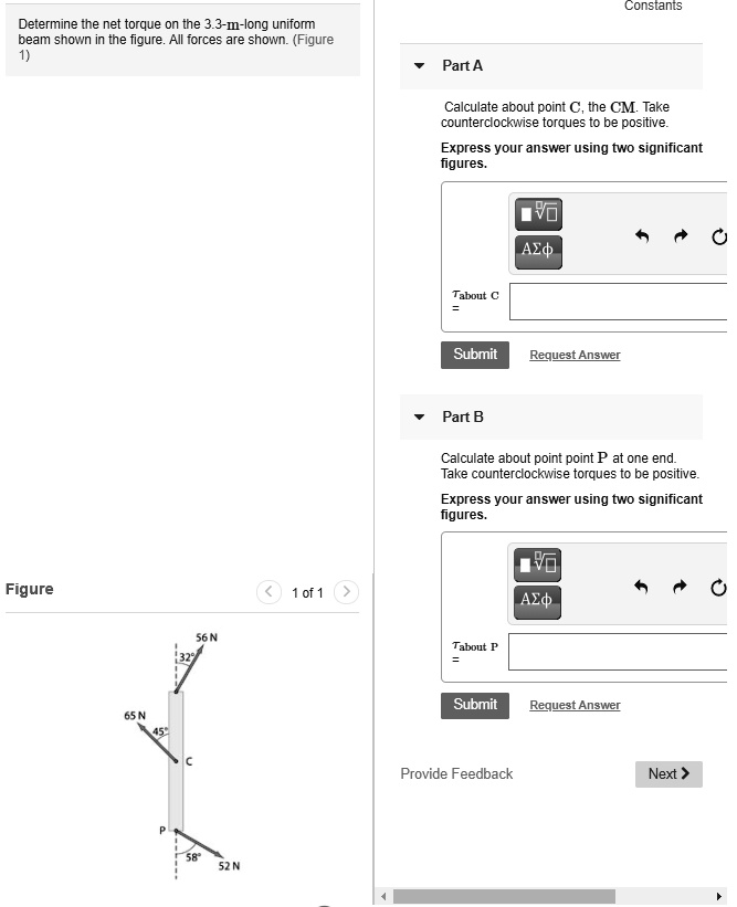 constants determine the net torque on the 33 m long unifom beam shown in the figure all forces ...