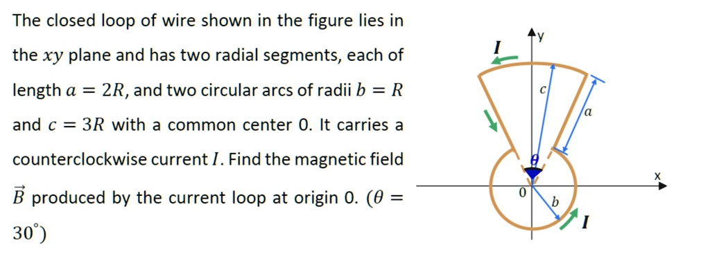 SOLVED: The closed loop of wire shown in the figure lies in the xy plane and has two radial ...