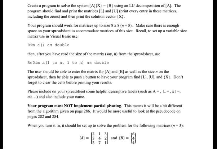 In Excel Vba Create A Program To Solve The System A X B Using An Lu 2072