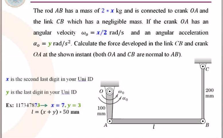 SOLVED: The rod AB has a mass of 2 - x kg and is connected to crank OA and the link CB, which ...