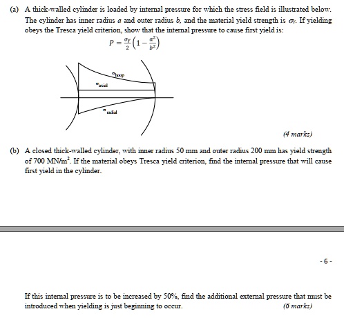 SOLVED: (a) A thick-walled cylinder is loaded by internal pressure for ...
